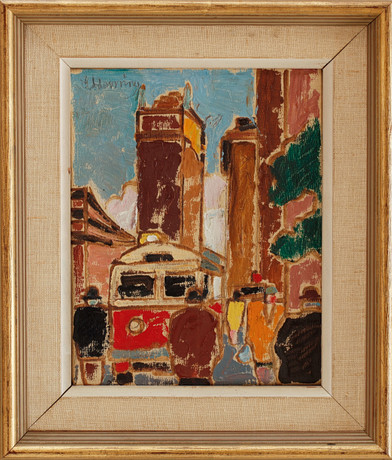 WILHELM HENNING. Stockholmsmotiv med spårvagn. Olja på duk.signerad ...