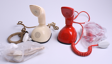 TABLE PHONES, 2 pcs, Cobra Ericophone, cream white and red, round dial ...