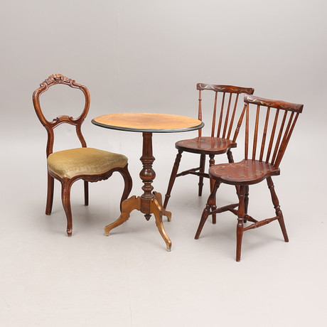 3 CHAIRS, and column table. Furniture - Armchairs & Chairs - Auctionet