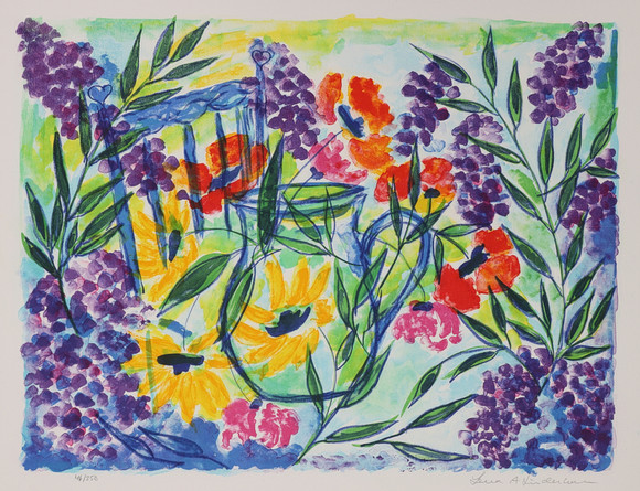 LENA LINDERHOLM. Jug in sea of flowers, color lithograph no. 46/250 ...