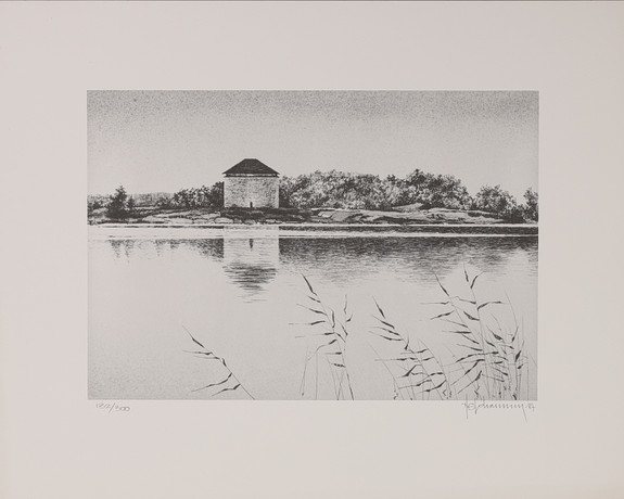 NILS ERIK JOHANSSON. Archipelago landscape with tower, lithograph no ...