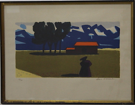 LARS NORMAN. woman in front of the house, Lithograph signed and ...