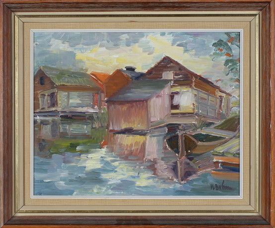 MARTHE BOHM. Boathouse, oil on Board, signed. Art - Paintings - Auctionet