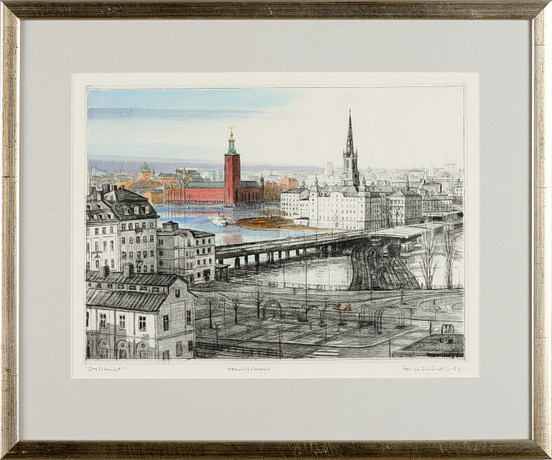 HASSE LINDROTH (född 1938): Stockholmsmotiv, Stadshuset, signerad och ...
