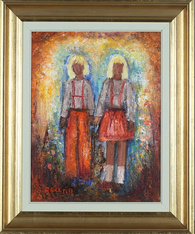 MARIA ACUNA. Komposition med barn, olja på duk, signerad. Konst ...