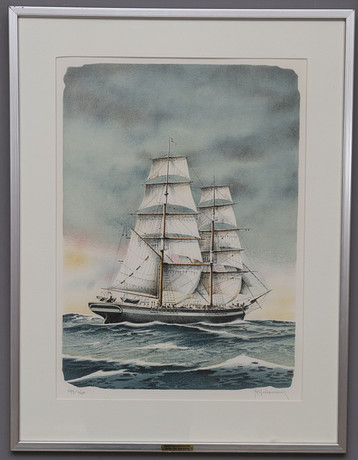 NILS ERIK JOHANSSON. Color lithograph, ship out at sea, numbered 344/ ...