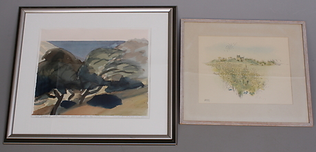 PAINTING, 2 pcs, mixed media, signed Ebbe Fog and Wilkmar 27-28 / 4-89 ...