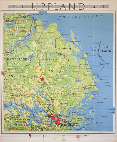 WALL MAP, Uppland, scale 1:000,000, General Staff Lithographic ...