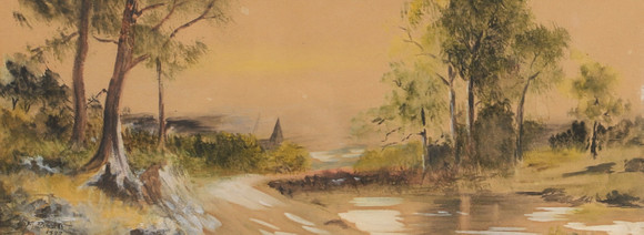 CHARLES MARION RUSSELL. Landscape idyll, watercolour, signed CM Russel ...