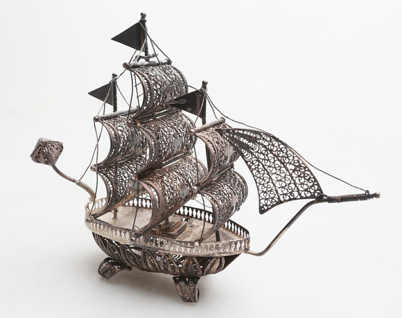 MINIATURE SHIP of metal wires, possibly silver filigree, 20th century ...