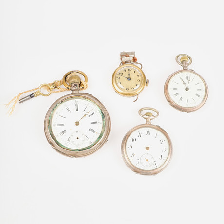 POCKET WATCH AND BRACELET WATCH, 4 pieces, i.a. silver. Clocks ...