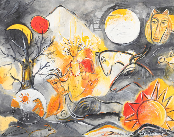 DAGMAR GLEMME. Composition with animals, oil on canvas, signed 2019 ...