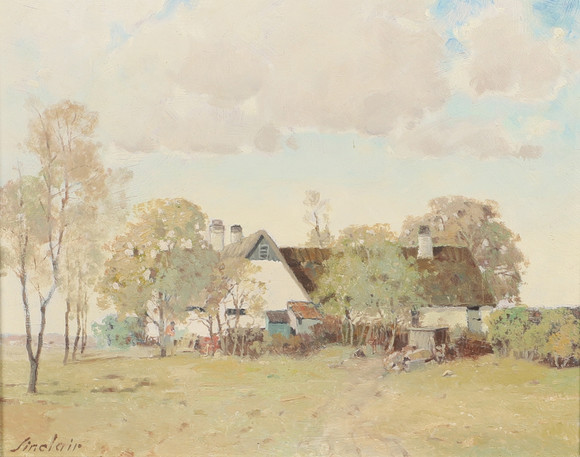 FOLKE SINCLAIR. Landscape with houses, oil on Board, signed Sinclair ...