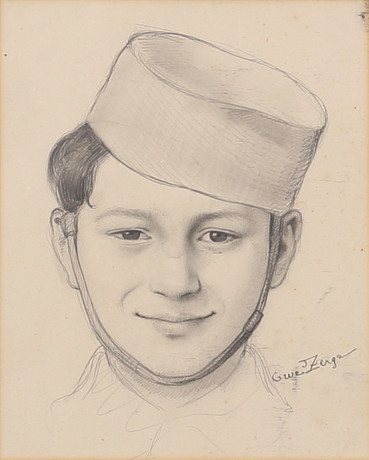 OWE ZERGE. Boy man hat, pencil drawing, signed. Art - Drawings - Auctionet