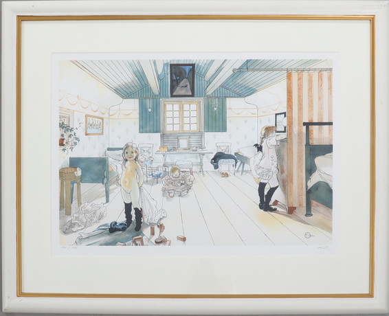 CARL LARSSON. After. color lithograph,"mother and little girls' room ...