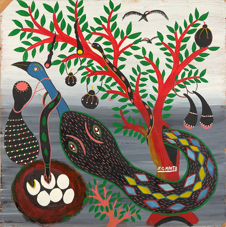 SIMON MPATA. Tinga-Tnga painting, Tree with snake and birds. Art ...