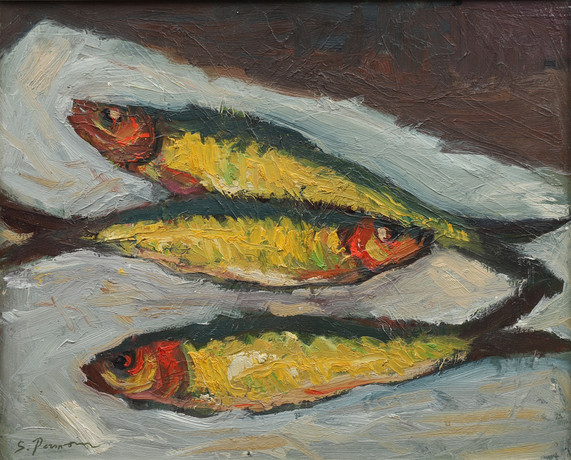 SVEN PERSSON. Rökt sill på fat, olja på pannå, signerad S Persson ...