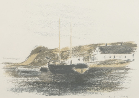 GUSTAV RYDBERG. Kustparti med båt, färglitografi, signerad. Konst ...
