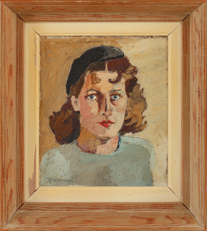 WILHELM HENNING. Kvinna med basker, olja på pannå, signerad. Konst ...