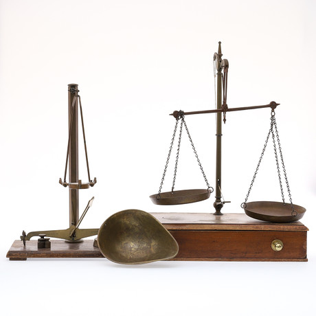 A SET OF VICTORIAN BRASS AND STEEL BEAM SCALES. Miscellaneous ...
