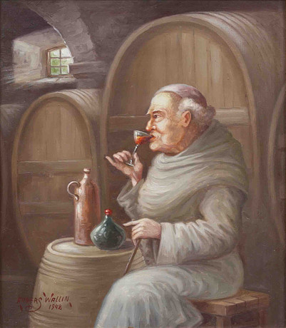 ANDERS WALLIN. Munk i vinkällare, olja på pannå, signerad Anders Wallin ...