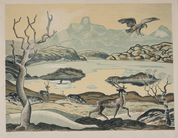 AXEL REVOLD. Landscape with animals, lithography, signed and numbered ...