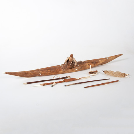 INUIT FOLK ART - Model of kayak with trapper and hunting gear ...
