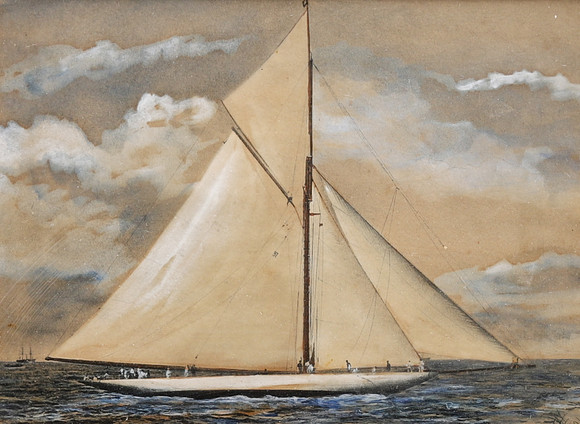 ENGLISH SCHOOL, LATE 19TH CENTURY. PORTRÄTT AV EN YACHT TILL SJÖSS MED ...