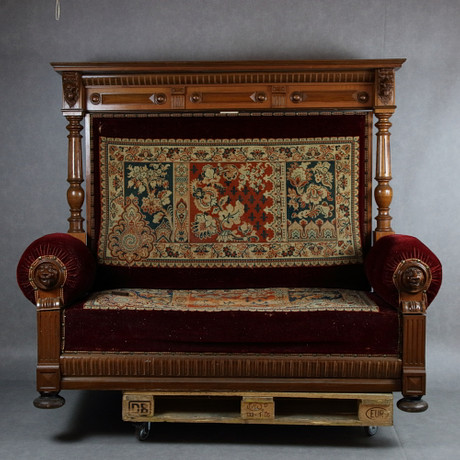 SOFA, Neo-Renaissance, "national romance", wood carvings, velvet fabric ...
