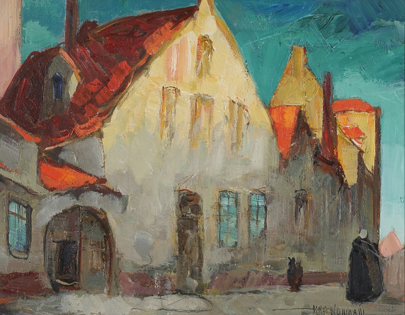 KNUT NORMAN. Sydländskt stadsvy, olja på pannå, signerad. Konst ...