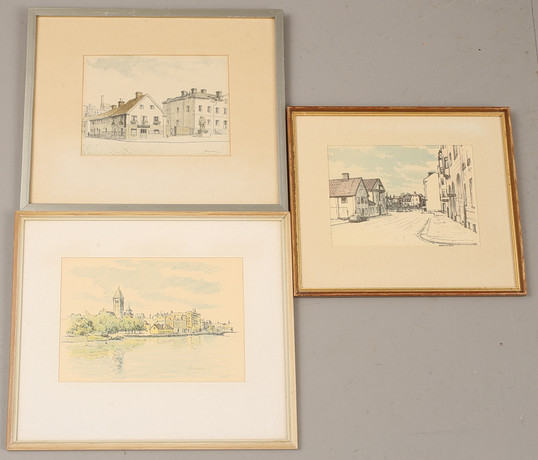 ROLF ERIKSSON. Farvelitografier, 3 styk, Norrköping-motiv, signeret ...