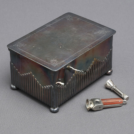 CIGAR BOX, nickel silver, WMF, and CIGAR BUTTERS, 2 pcs, 1900s. Silver ...