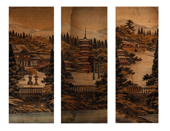 ”Landskap med pagoder”, tre kinesiska tyger i tryckt, skuren och färgad ...