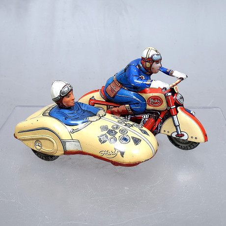 HUKI motorcycle with sidecar, yellow / blue plate, friction, Western ...