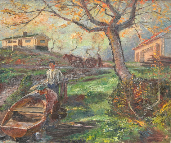 AXEL WALLERT. Launching of oak. Oil on canvas, signed and dated 1936 ...