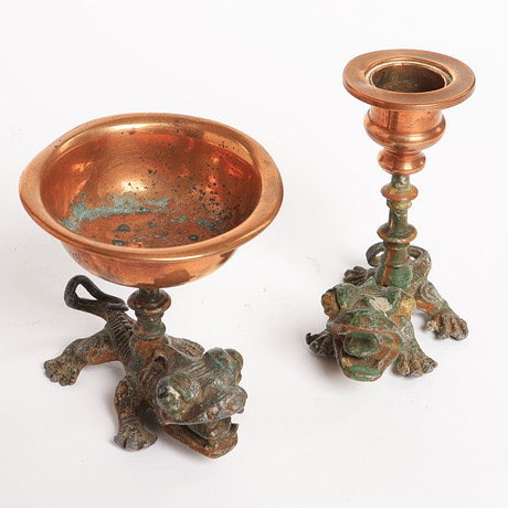 SALT POT, CANDLESTICK, 1900s, zinc, copper, dragon decoration. Silver ...