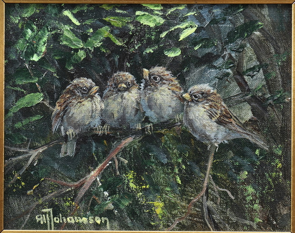 ALF JOHANSSON. Oil on Board, Sparrowhawk chicks, signed, dated 1981 ...