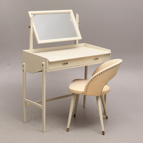 DRESSING TABLE and CHAIR, white wood/artificial leather, 1900s ...