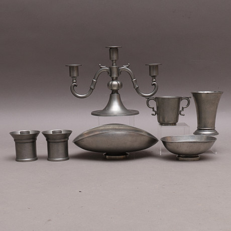 PEWTER OBJECTS, 7 pcs., i.a. Edvin Ollers, 20th century. Silver ...