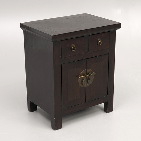 BEDSIDE TABLE, 2000s, oriental style, black lacquered, brass fittings ...