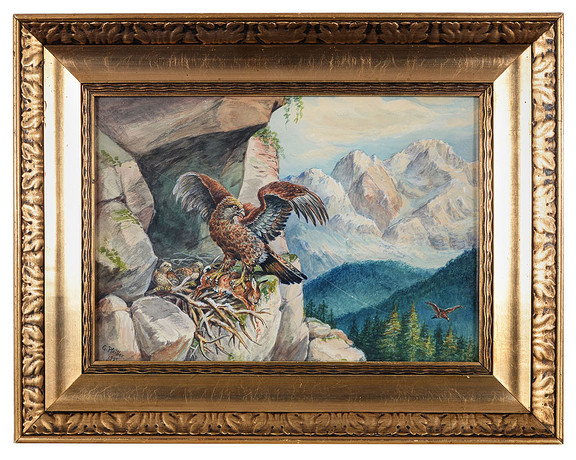 GORDON EDWARD PFEIFFER. Nido de águila en las montañas. Acuarela/pastel ...