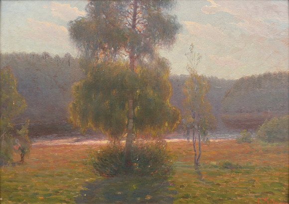 OIDENTIFIERAD KONSTNÄR. Trees in a forest landscape, oil on Board ...