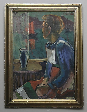 BENGT CRANTZ. Interior with vase and sitting. Oil on canvas. Signed ...