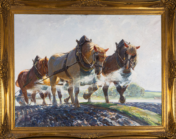 MAX BERGMANN. Max Bergmann, paintings, pack horses plowing the field ...