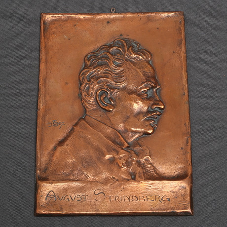 OTTO STRANDMAN. Relief, copper, depicting August Strindberg, monogram ...