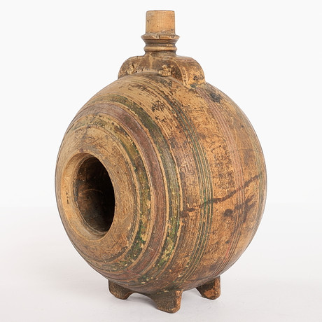 FLASKA, allmoge, 1700-tal, möjligen Norge, svarvad och bemålad. Allmoge ...