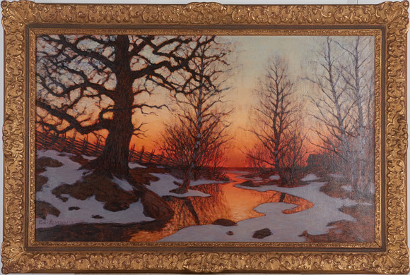 EDVARD ROSENBERG (1858-1934). Solnedgåmg i Vinterlandskap, olja på duk ...