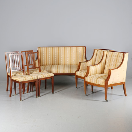 LOUNGE GROUP, 7 osaa, mahonkiviilu, intarsia-sisustus, empire-tyyli ...