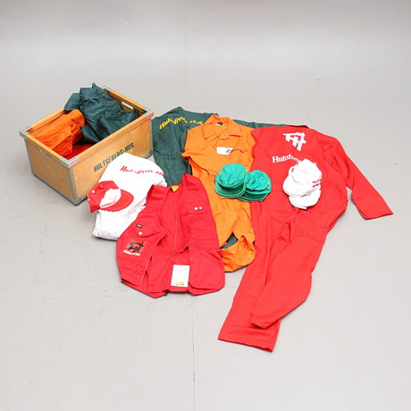 WOODEN BOX with overalls, vests, caps from Hultsfredshus. Miscellaneous ...