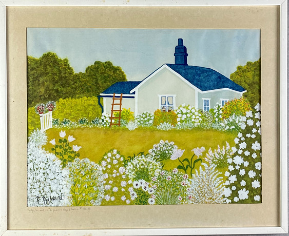 OIDENTIFIERAD KONSTNÄR. Gouache, "Vallgatan med 115 år gammal stuga ...